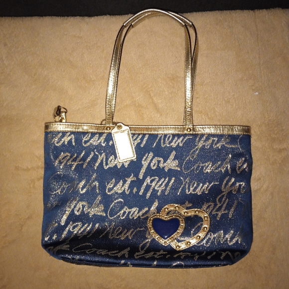 Coach | Bags | Coach Blue Shimmer 941 Metallic Logo Script Double ...